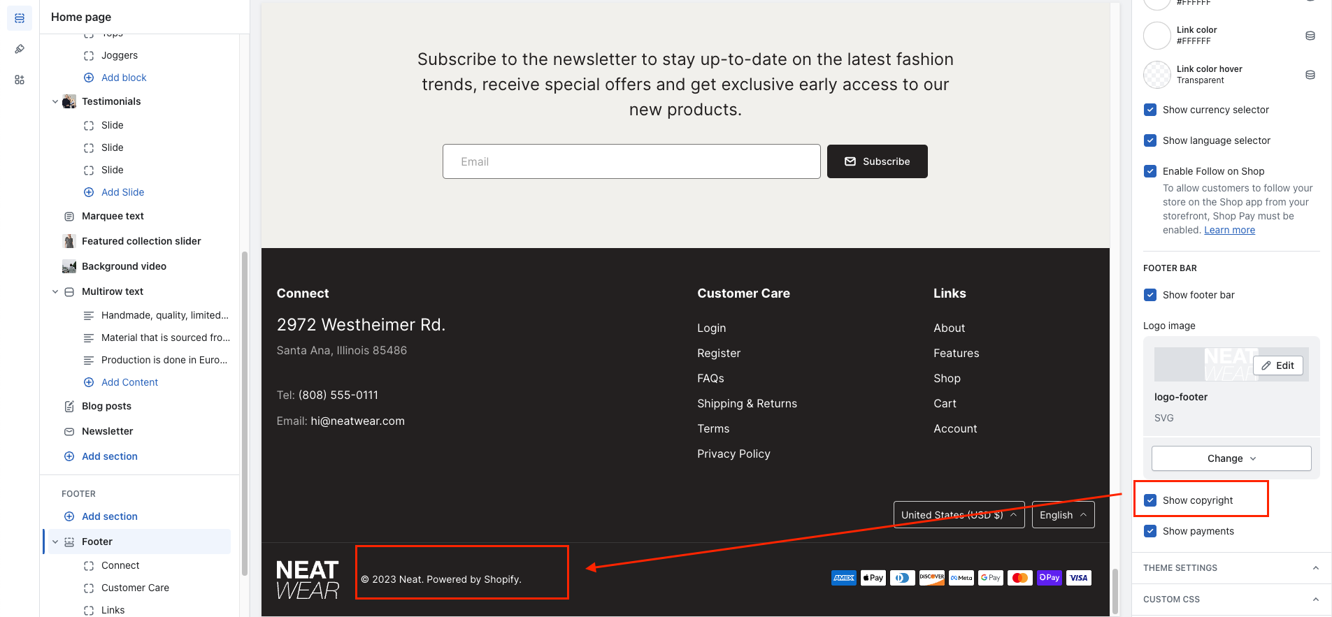 Remove powered by Shopify from the footer - Neat Theme