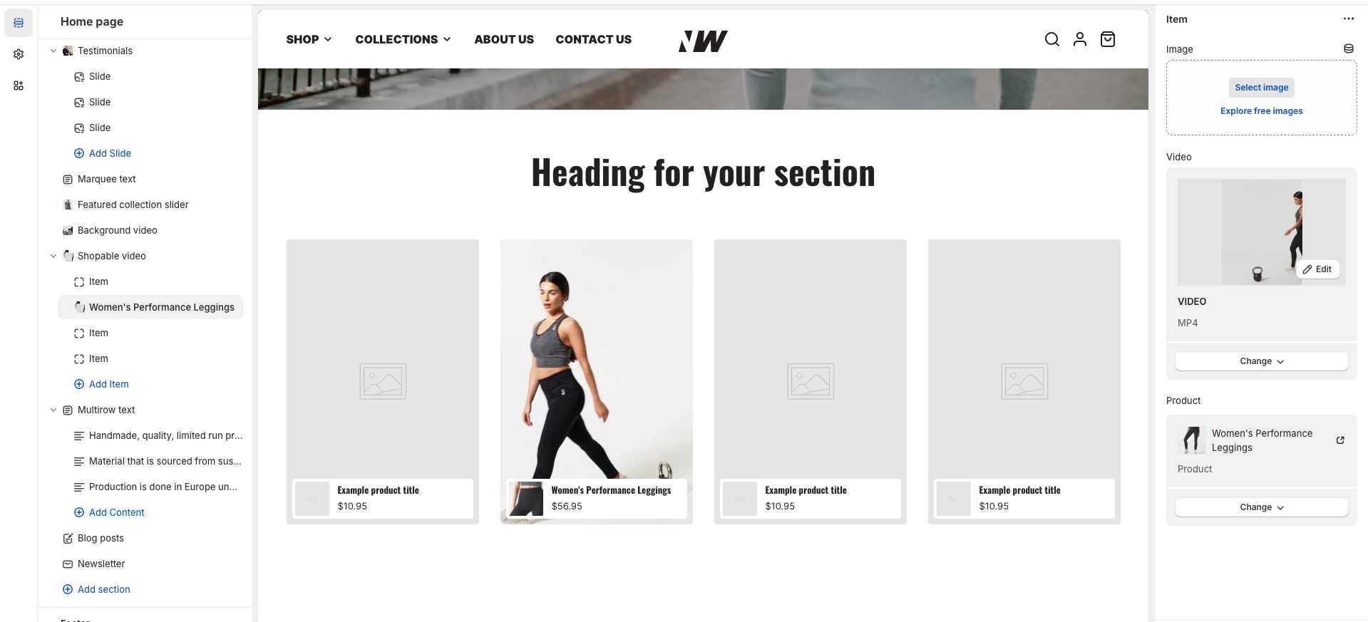 Shopable video - Sections
