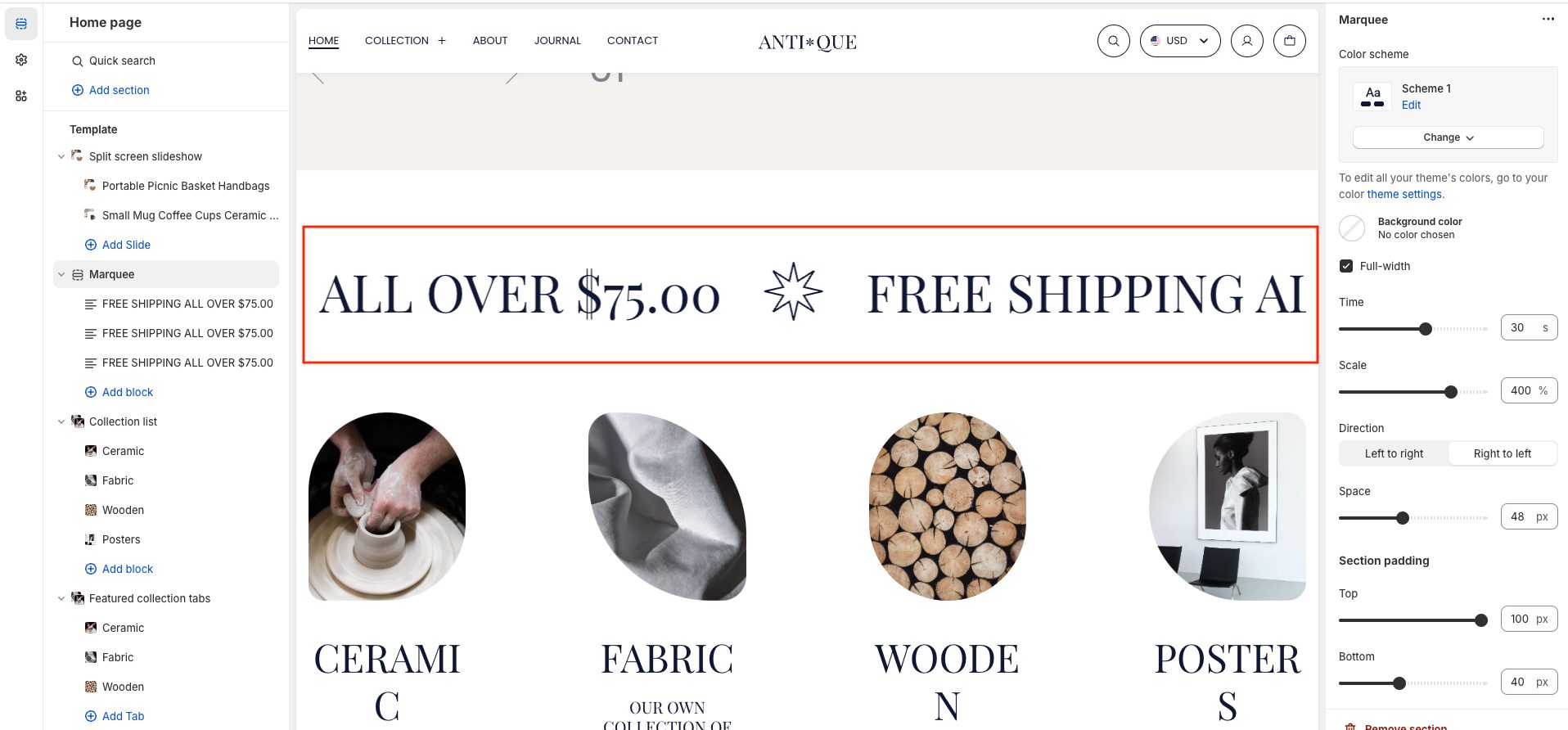 Marquee text - Sections - Antique Theme