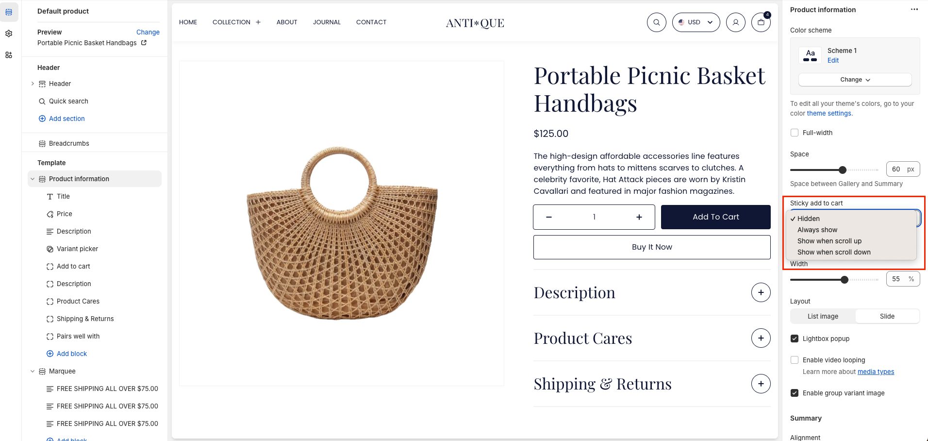 How to enable sticky add to cart - General settings - Antique Theme How to enable sticky add to cart - General settings - Antique Theme