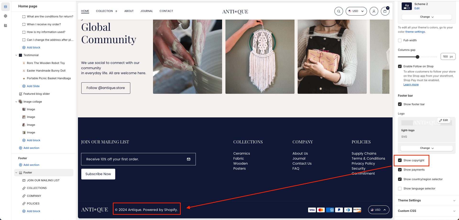 How do I remove "powered by Shopify" from the footer? - General settings - Antique Theme