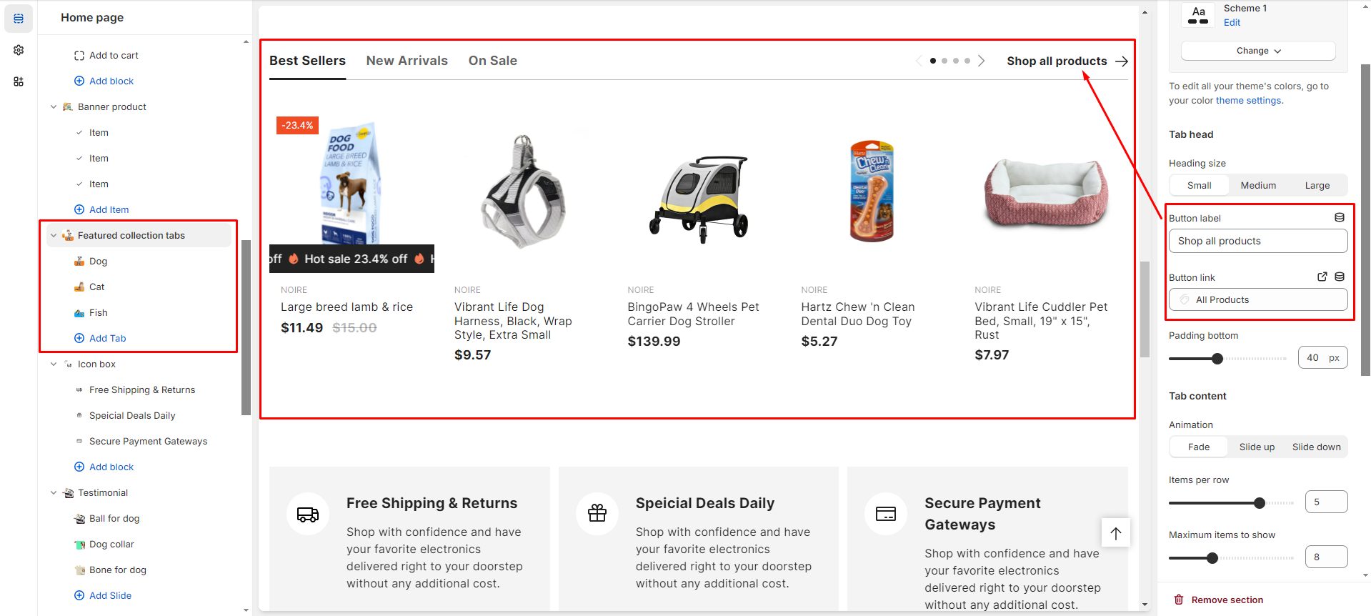Featured collection tabs - Sections - Noire Theme
