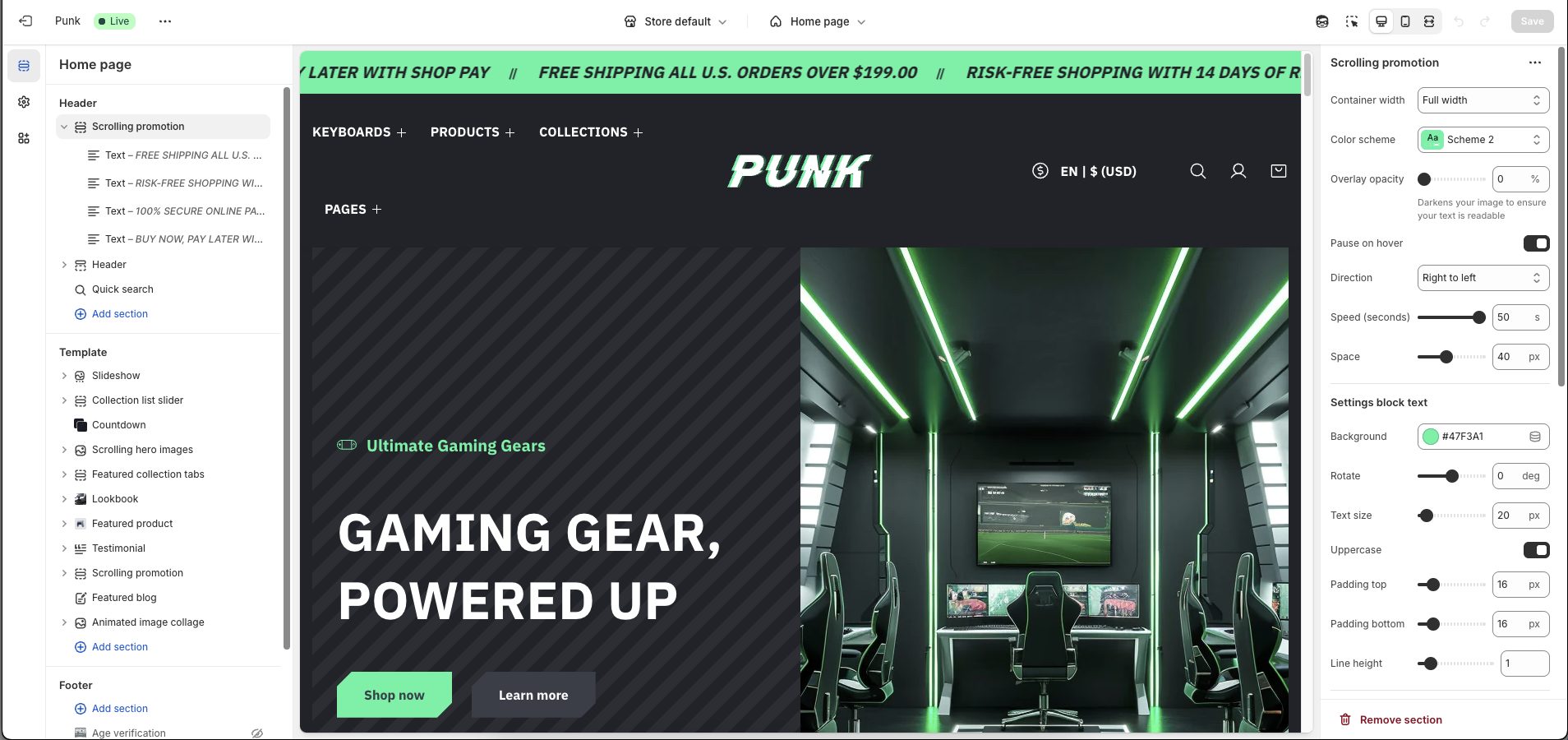 Scrolling promotion - Sections