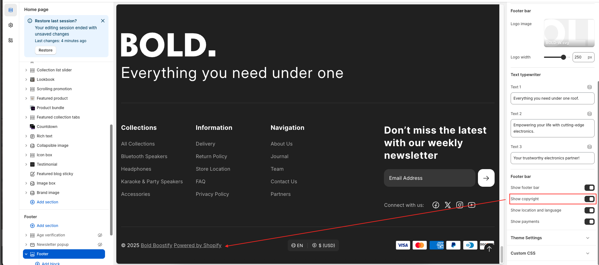 How do I remove “powered by Shopify” from the footer? - General settings