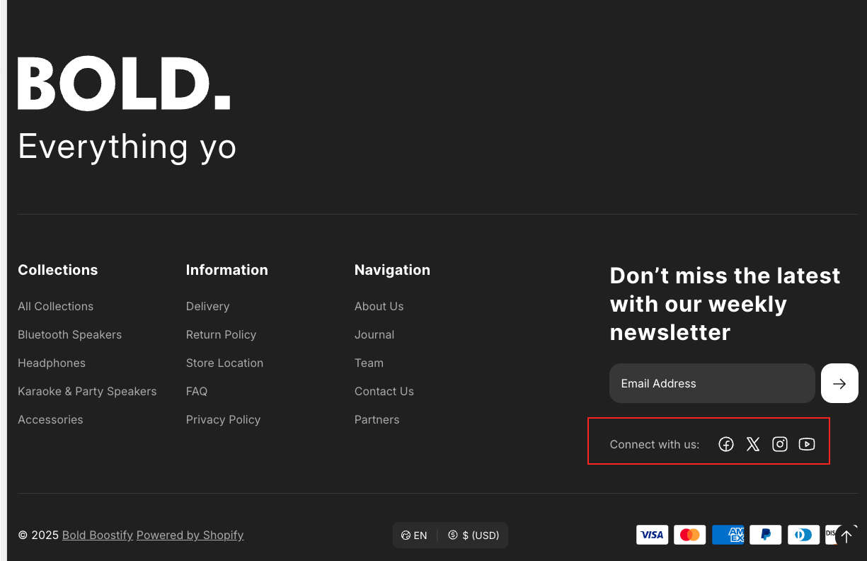 How to enable social icons in the footer - General settings