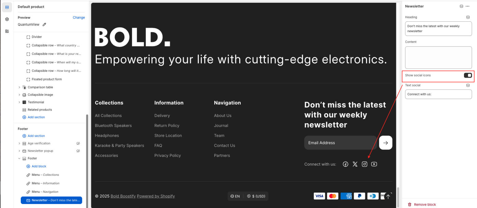 How to enable social icons in the footer - General settings