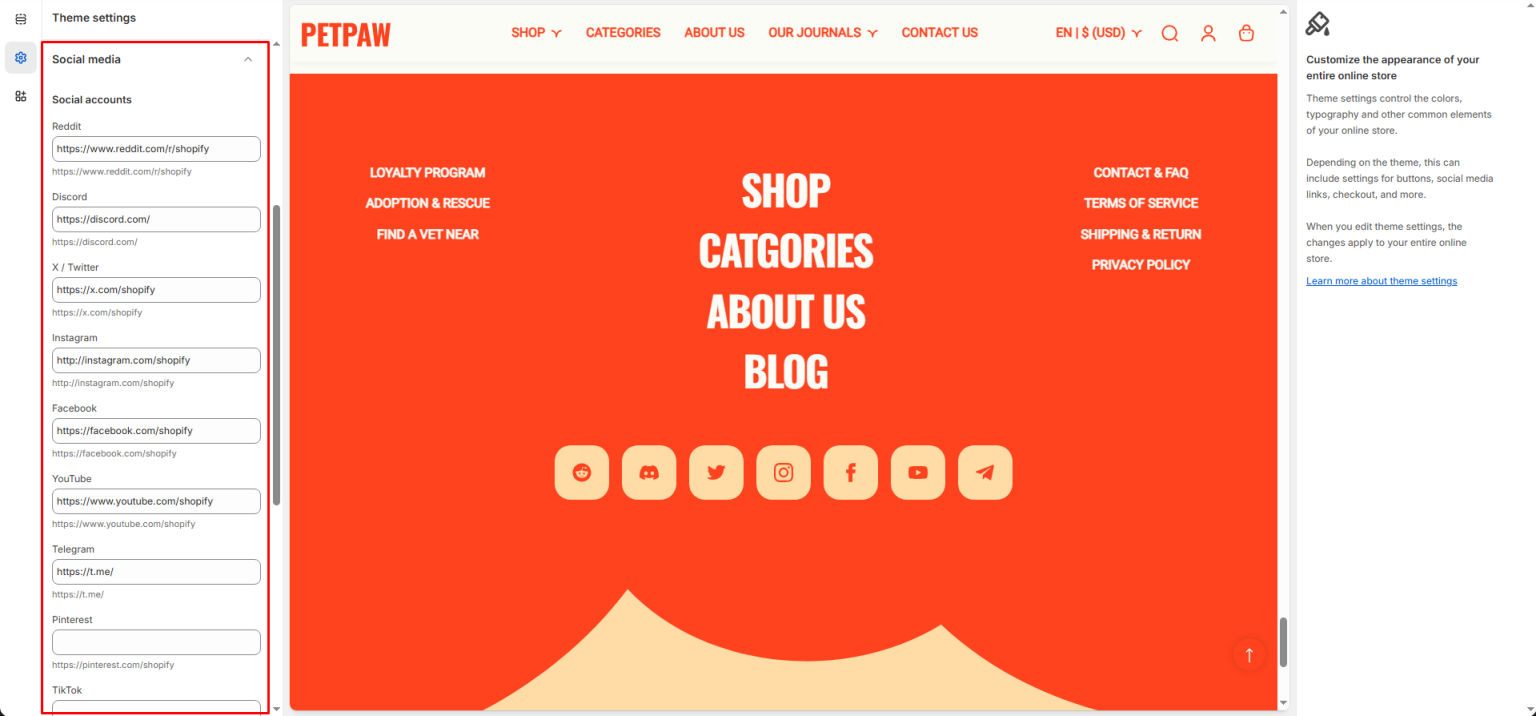 How to enable social icons in the footer - General settings